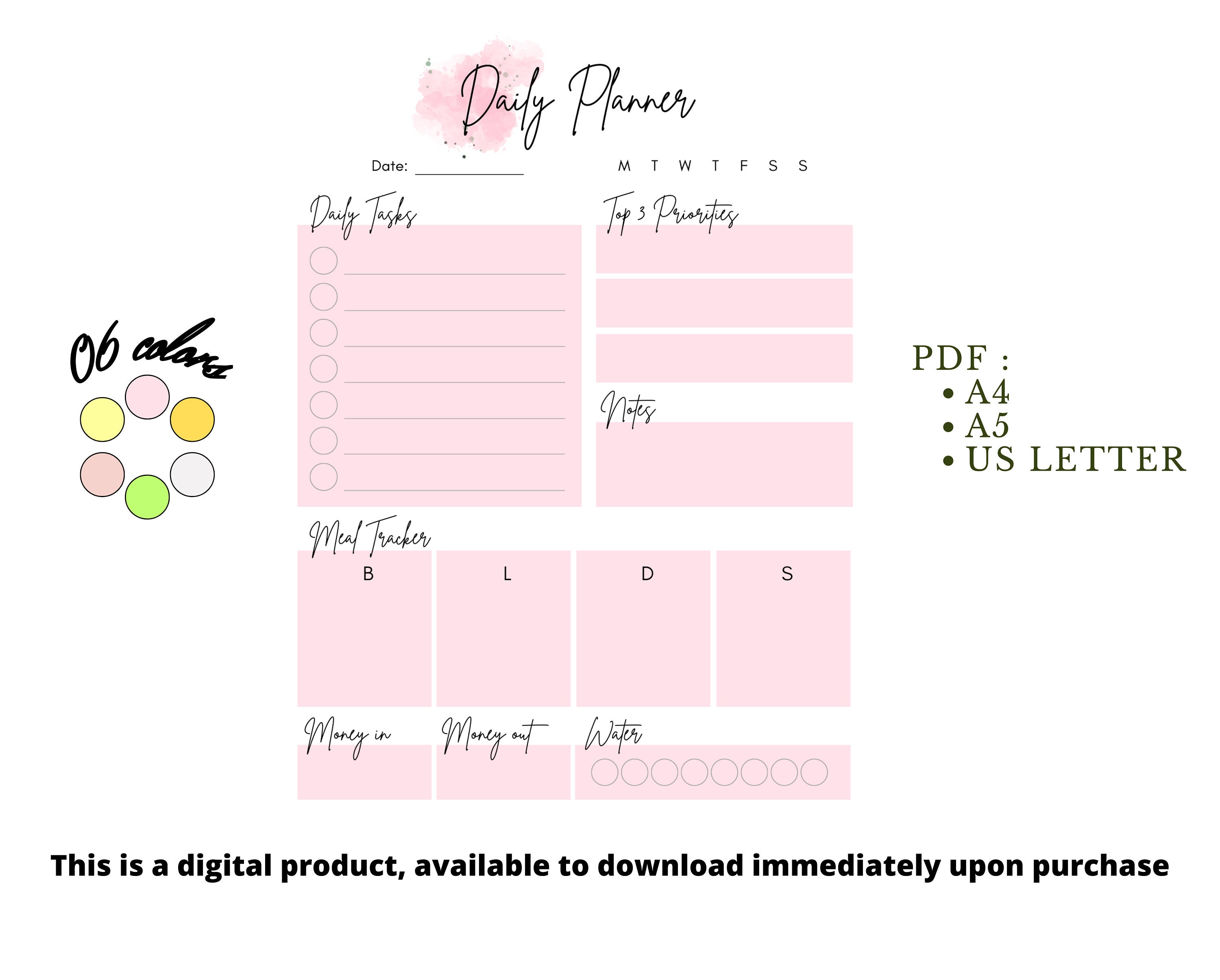 Printable Daily Planner | Day Planner Printable PDF - A4 - A5 - US ...