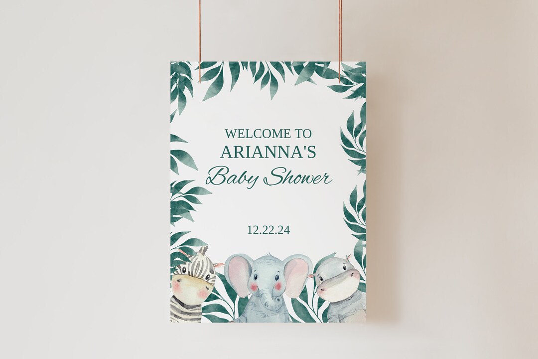 Customizable Baby Shower Welcome Sign, Baby Elephant, Hippo, and Zebra ...