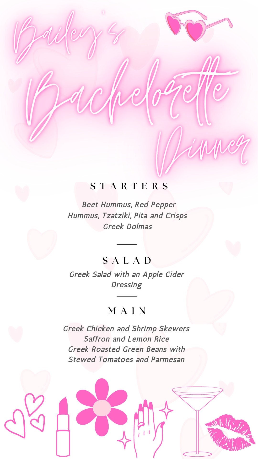 Bachelorette Dinner Menu - Fully Customizable - Pink Bachelorette ...