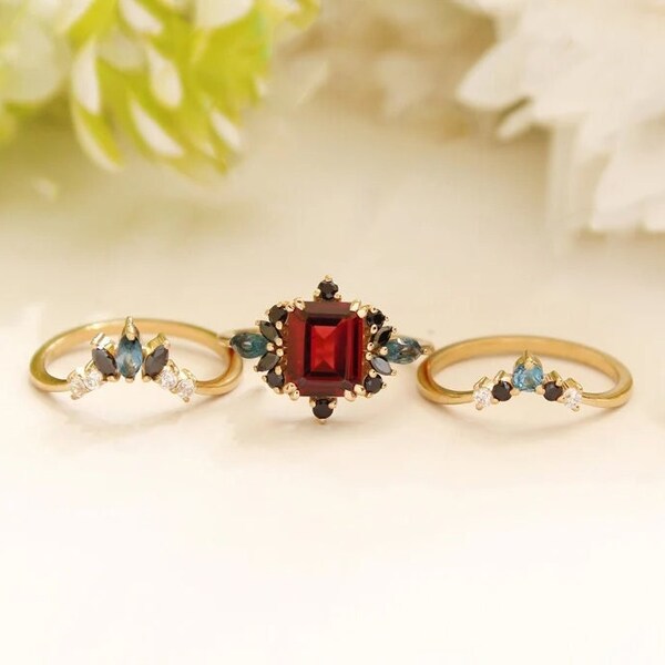 Garnet Engagement Ring Set - Etsy