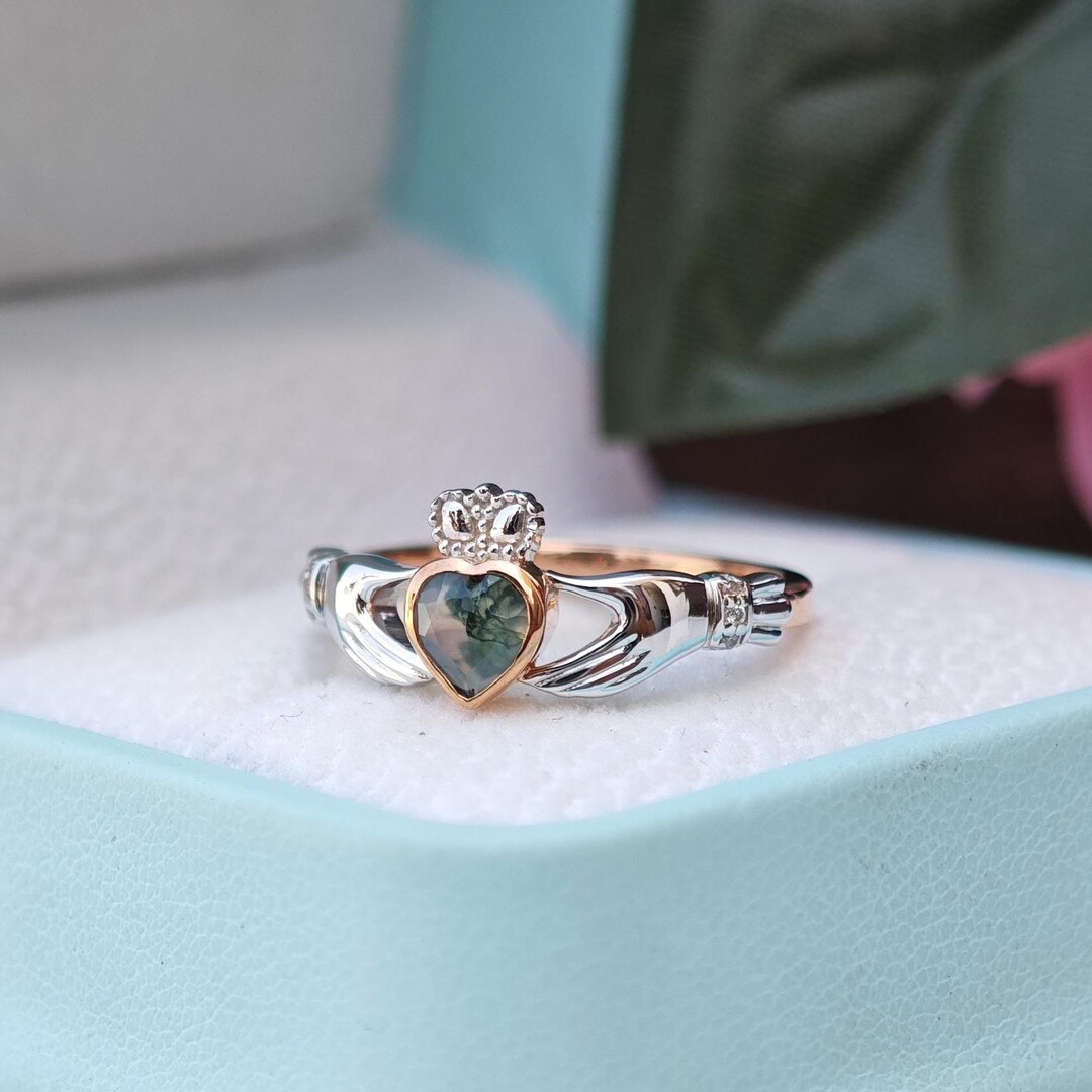 Claddagh Ring Women Two-tone Bezel Set Moss Agate Irish Claddagh Accent ...