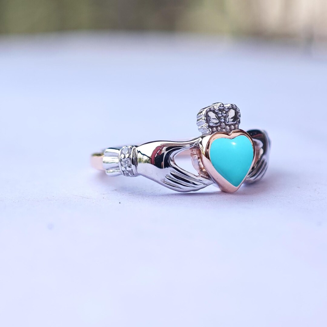 Turquoise Heart Cut Claddagh Ring | Two-tone Sterling Silver & Gold ...