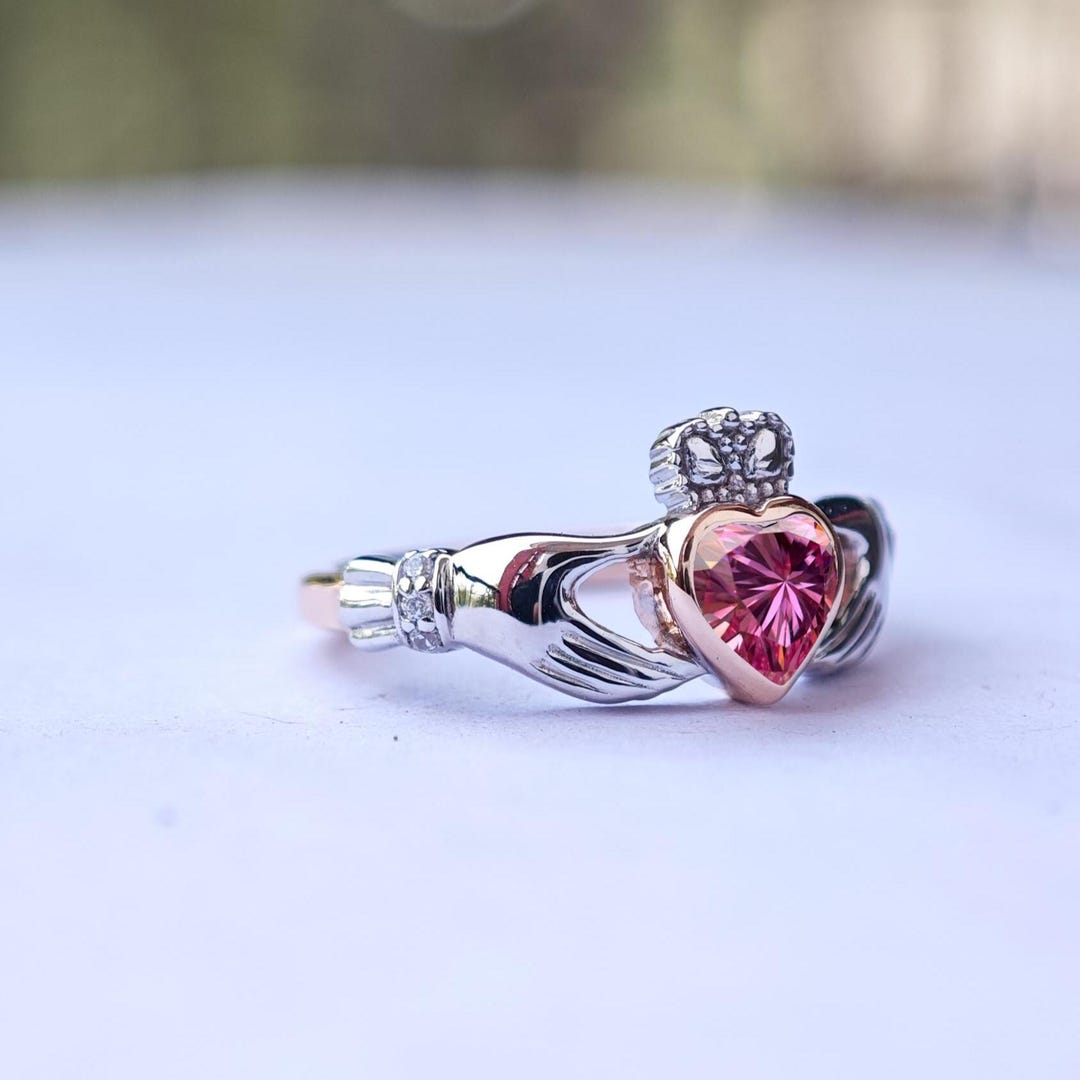 Two-tone Claddagh Ring: Pink Moissanite Heart, Sterling Silver & Gold ...