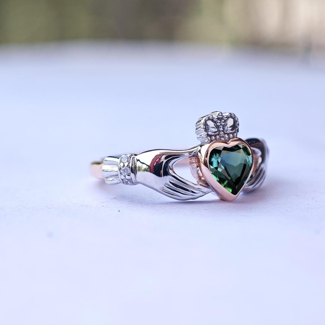 Teal Sapphire Heart Claddagh Ring | Sterling Silver & Rose Gold ...