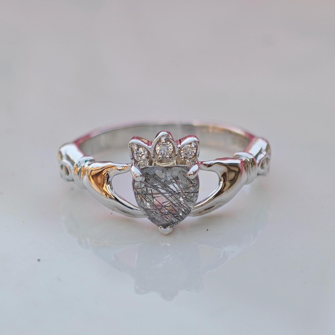 Sterling Silver Claddagh Ring: Heart-shaped Black Rutile Quartz, Irish ...
