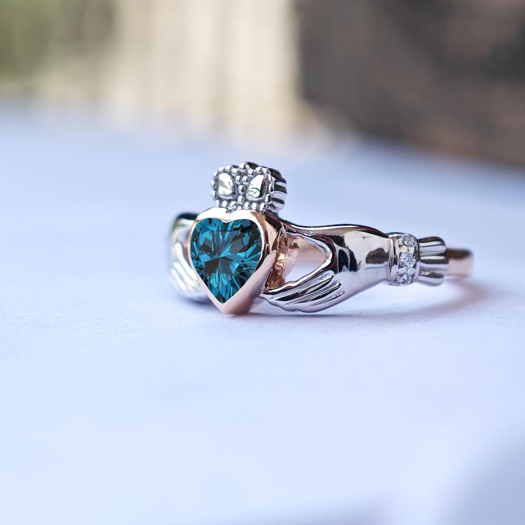 Claddagh Ring: Sterling Silver & Rose Gold, Blue Topaz Heart, Irish ...