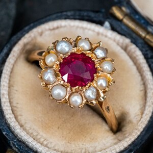 Ruby & Pearl Ring Victorian Seed Pearl Engagement Ruby Ring for Womenvintage Art Deco Halo ...