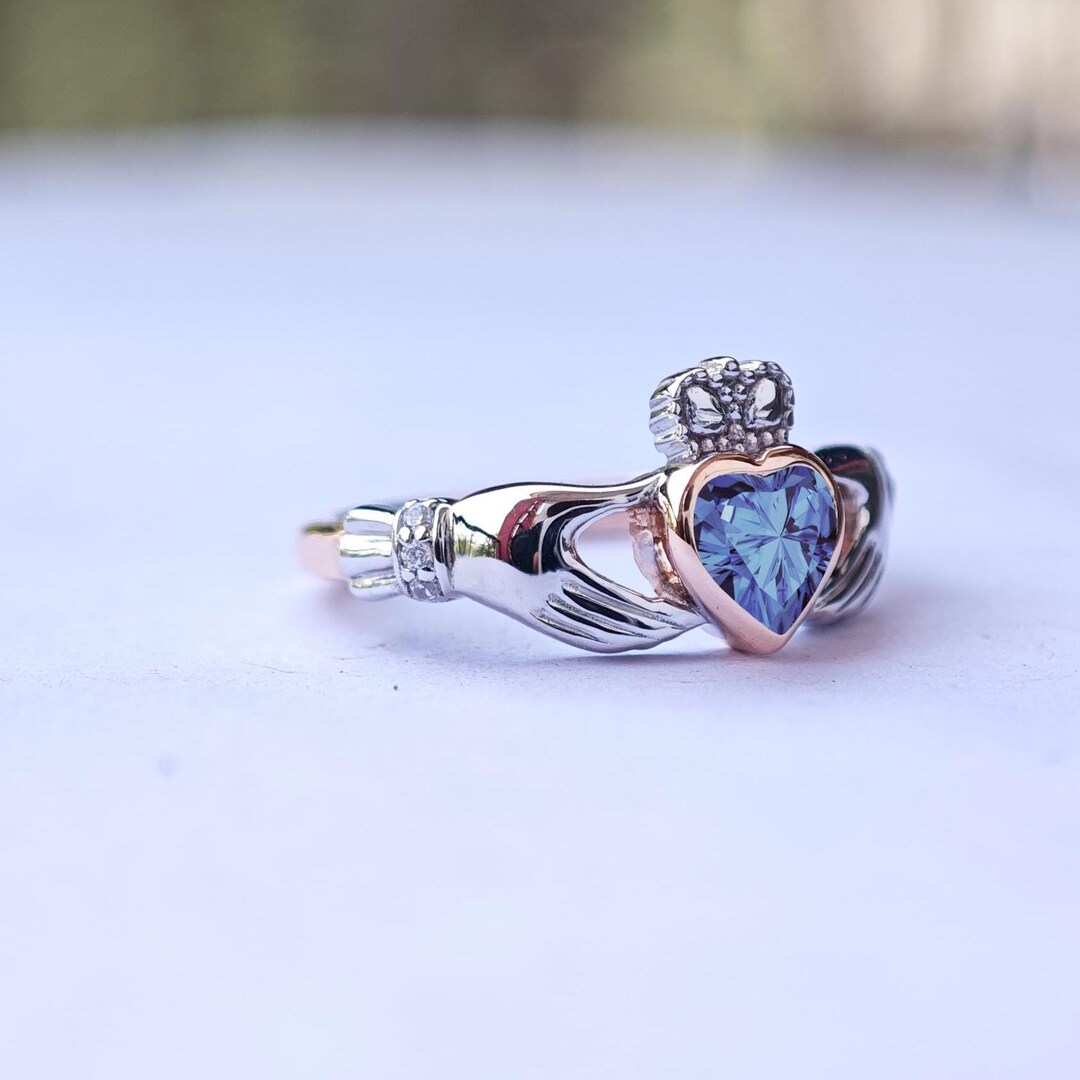 Handmade Two-tone Claddagh Ring: Tanzanite Heart, Sterling Silver ...