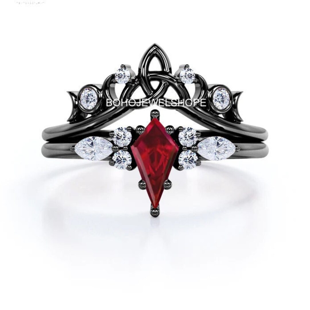 Vintage Kite Cut Shape Ruby Engagement Ring Set Black 14 Rose - Etsy