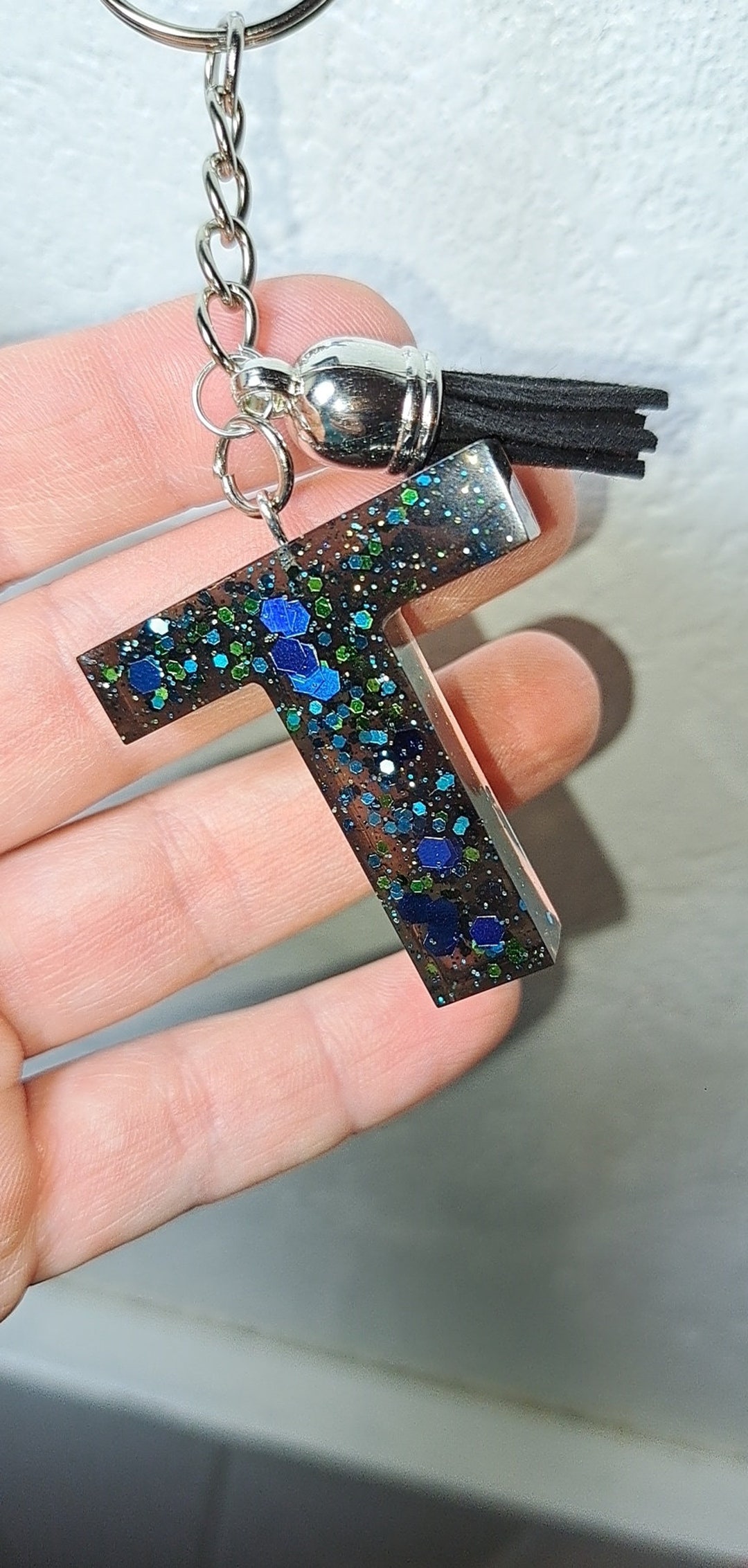 Resin Key Ring Letter T Black Blue Green Sequins and Pompom - Etsy