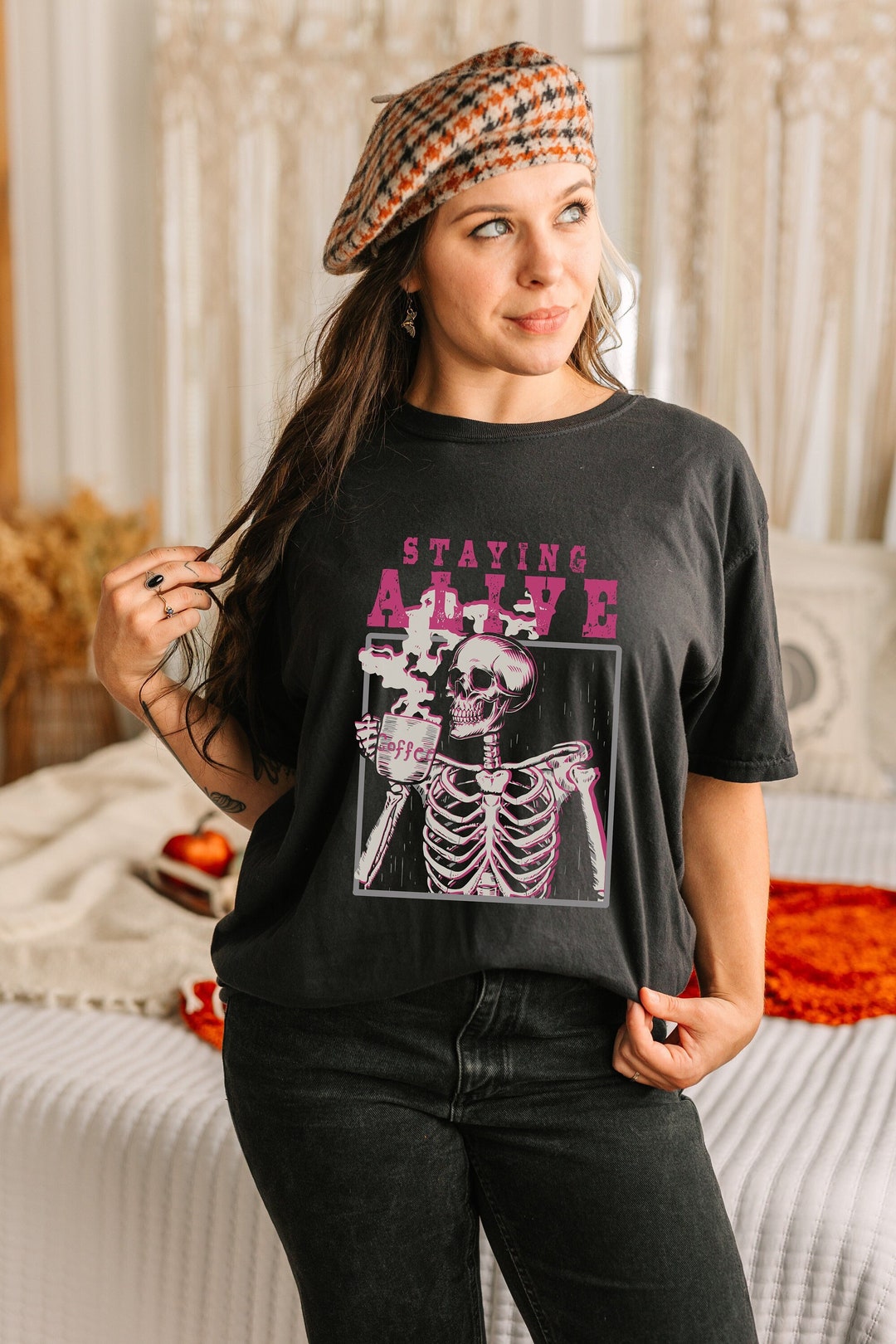 Staying Alive Shirt, Funny Skeleton Coffee Lovers Shirt, Trendy Gothic ...