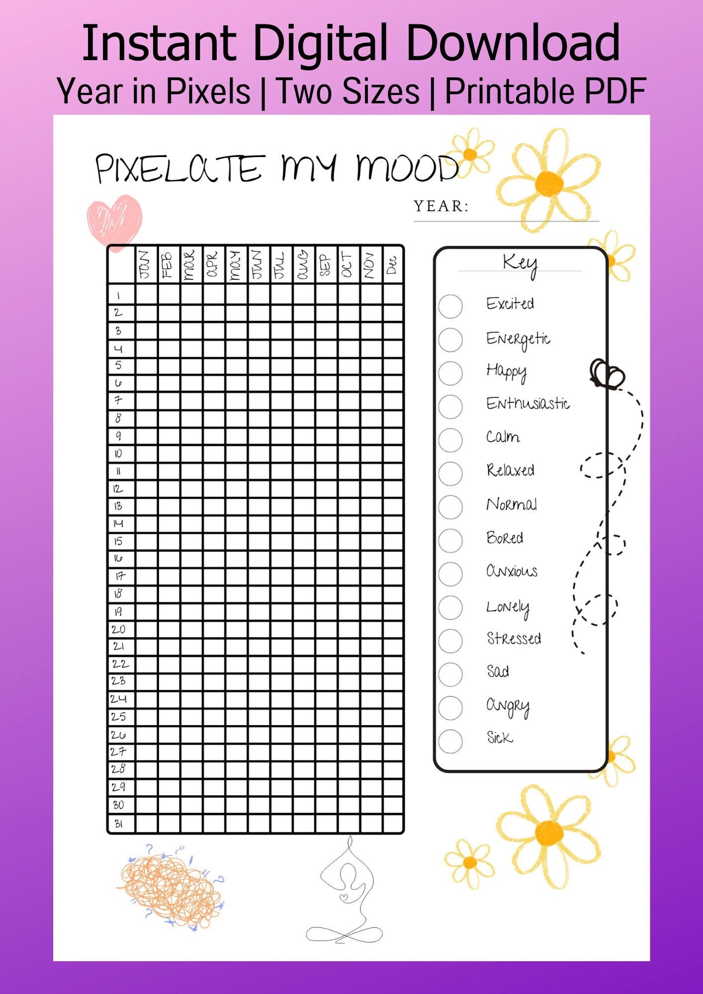 A Year in Pixels Printable Yearly Mood Tracker in Two Sizes A5 A4 ...