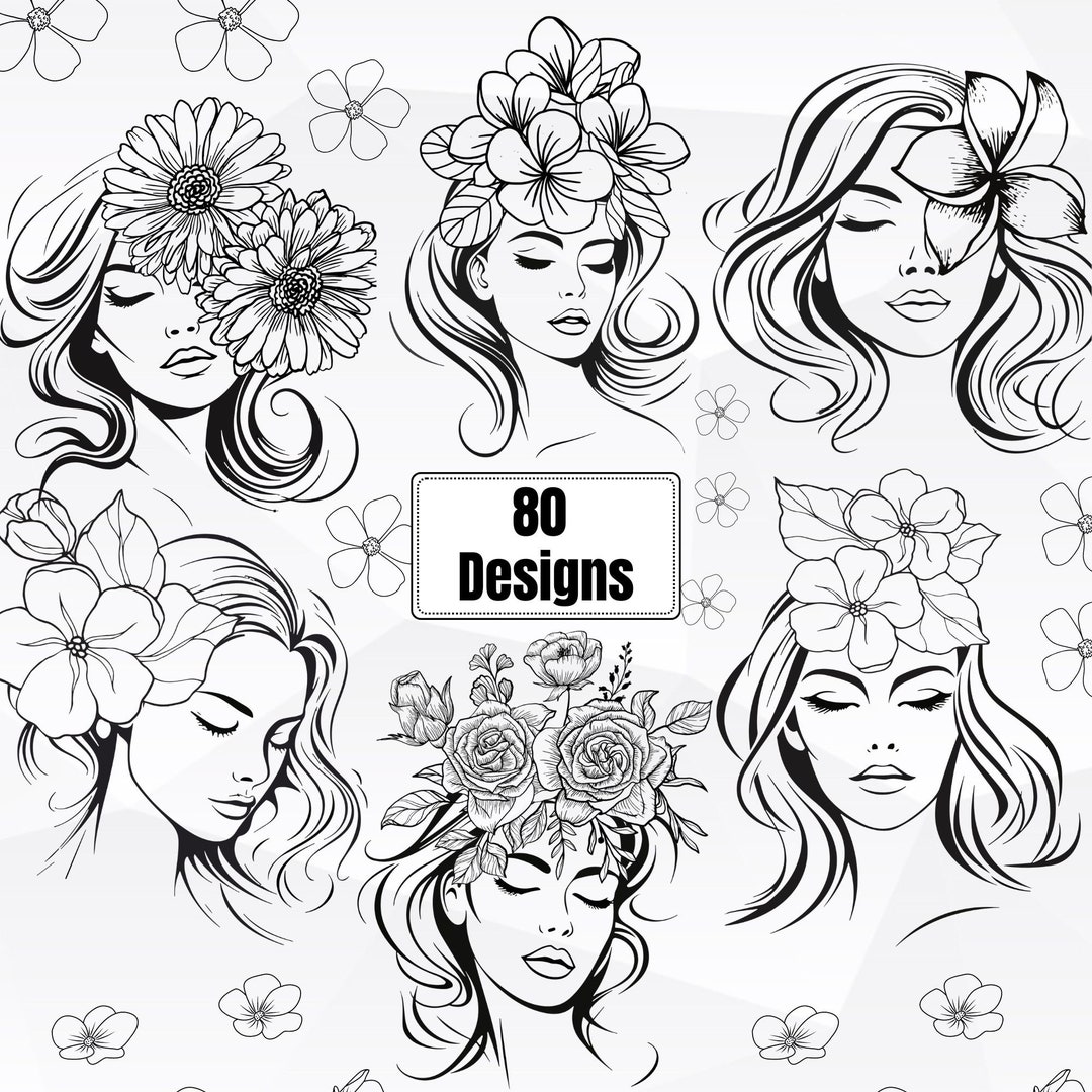 Line Art Women SVG Bundle of 80 Woman Flowers Svg Flowers Svg Svg for ...