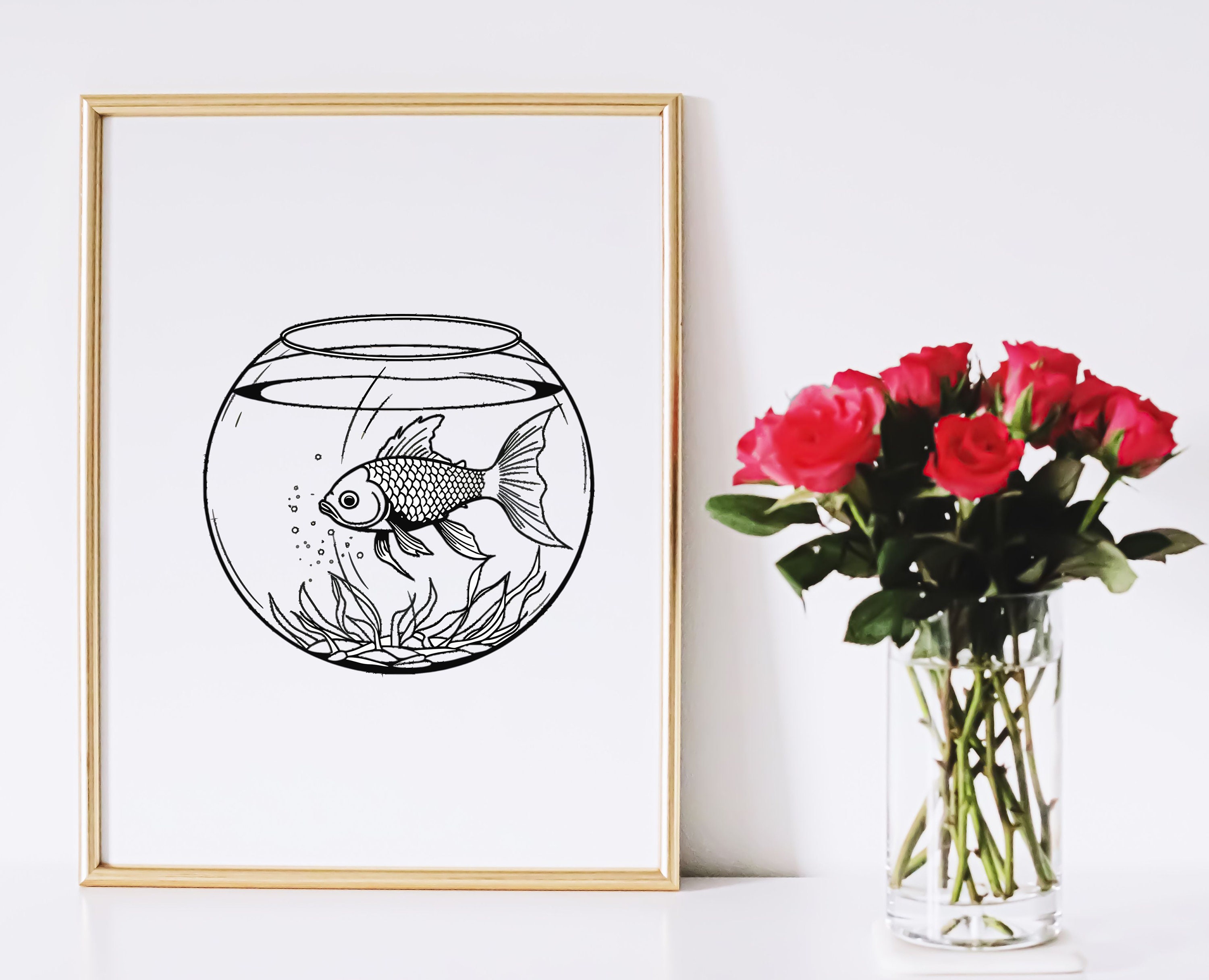 Line Art Fish Bowl Png Woman Flowers Png Flowers Png Png - Etsy
