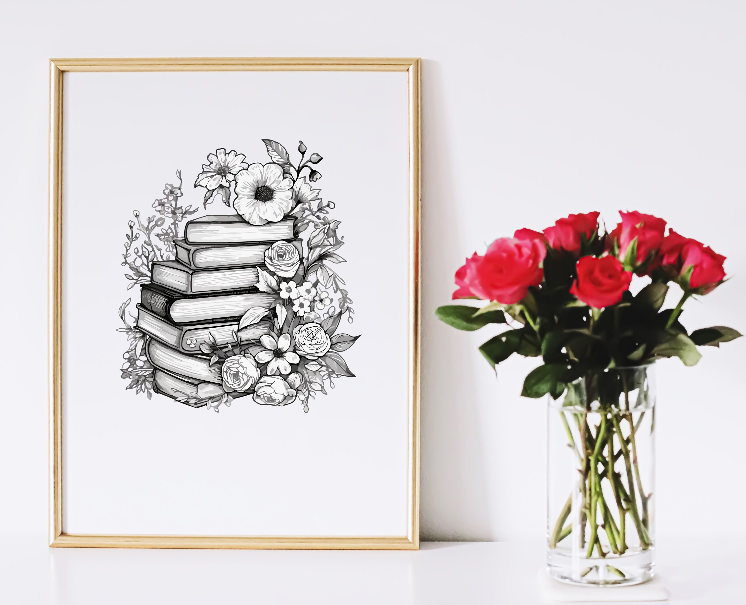 Floral Book Stack Clipart | Line Art Png (digital Download) - Etsy
