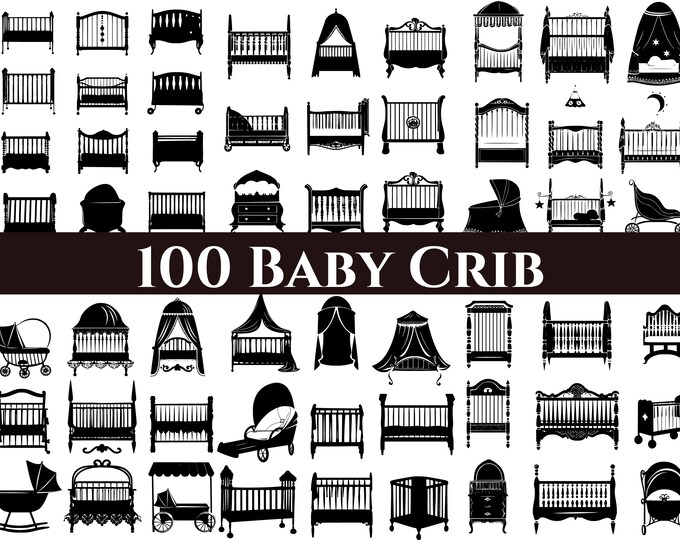 Baby Crib Vector Clipart Set / Outline, Stamp and Color Drawing Graphic ...