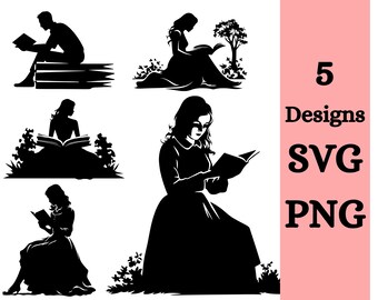 Book Reader SVG Bundle, PNG, Book Reading Silhouette, Cut Files for ...