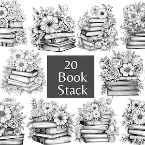 Floral Book Stack Clipart | Line Art Png (digital Download) - Etsy