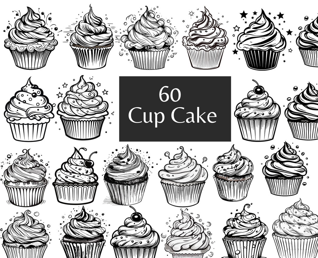 Adorable Cupcake Line Art Bundle, Sweet Desserts, Instant Download, Diy ...