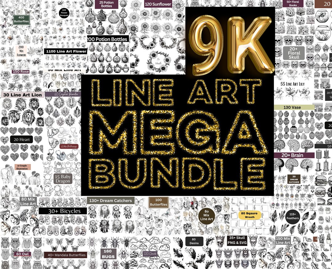 Mega Line Art Bundle of 9000 Designs | Wreath | Line Art Vase | Line ...