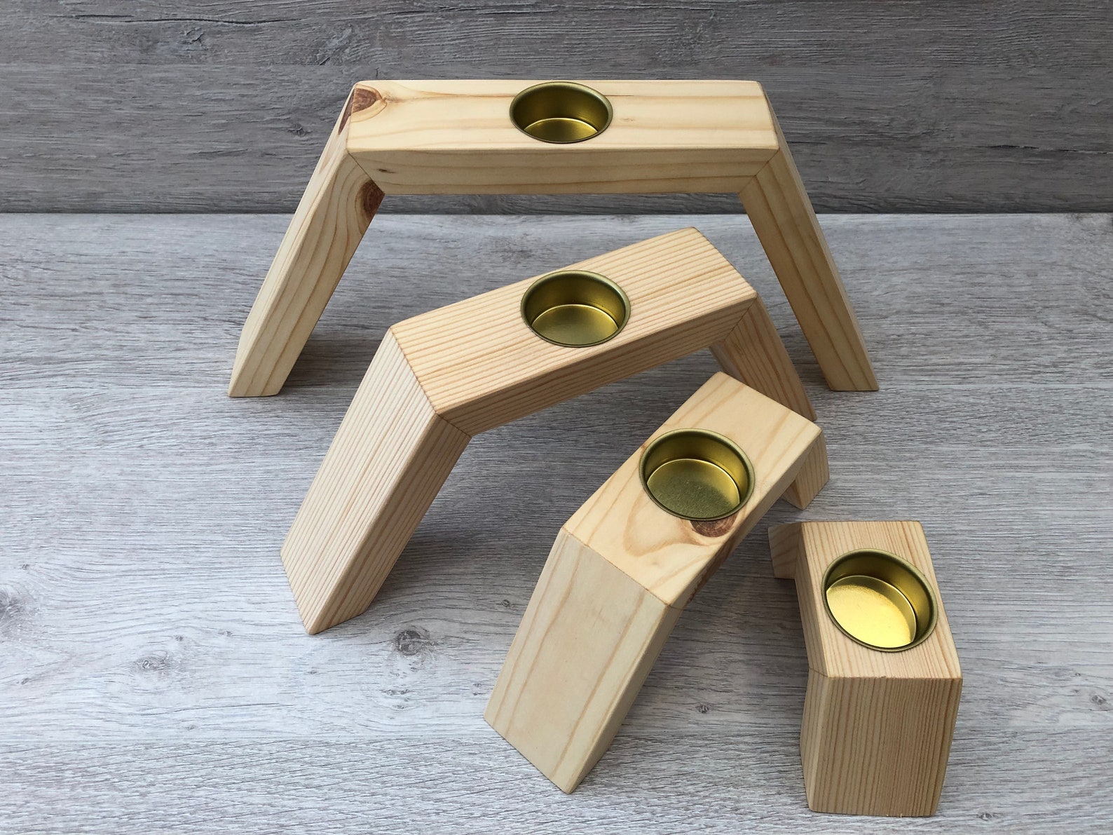 Tealight Holder Made of Solid Pine Wood, Half Hexagon, Set of 1, 2, 3 ...