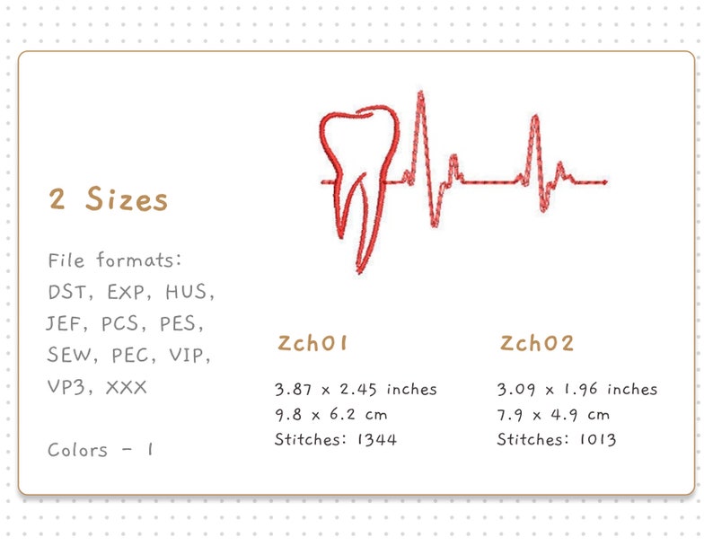Embroidery File Tooth Heartbeat 2 Sizes Set Embroidery Design for ...