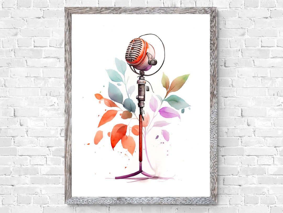 Vintage Microphone Wall Art #5 | Retro Watercolor Microphone Wall Art ...