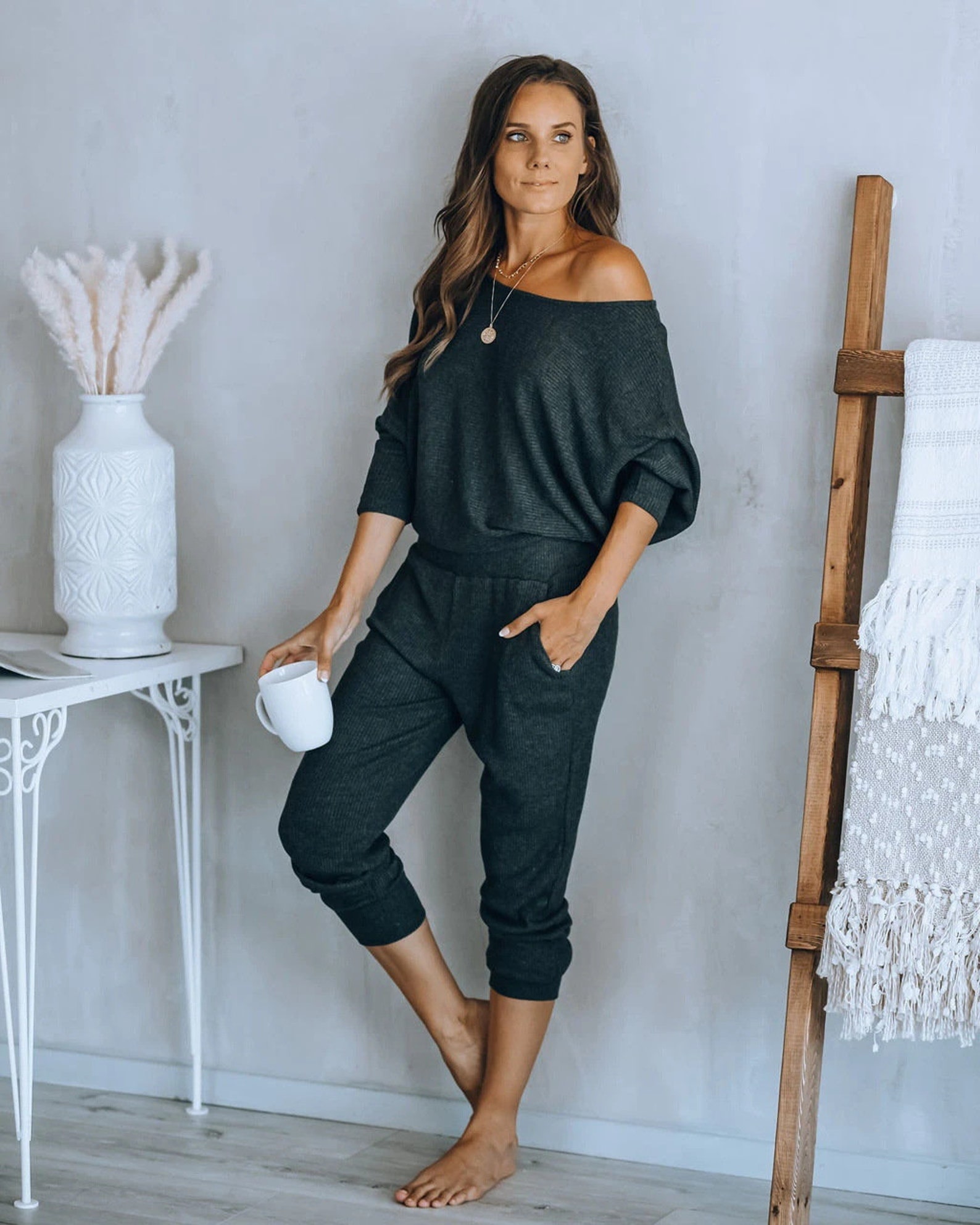 Off Shoulder Pajamas Natural Colors for Woman Sweatpants - Etsy