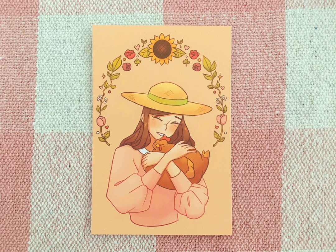 Chonky Chicken Hugging Girl Art Print | Cottagecore Art, Farmcore Art ...