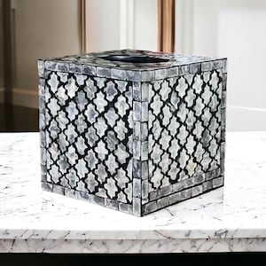 White Capiz Shell Inlay on Black Square Tissue Box Holder, 6” Luxurious ...
