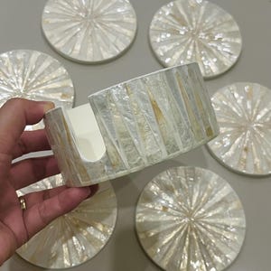Sunshine Capiz Shell Inlay Round Coasters Set With Holder, 6 Coasters ...