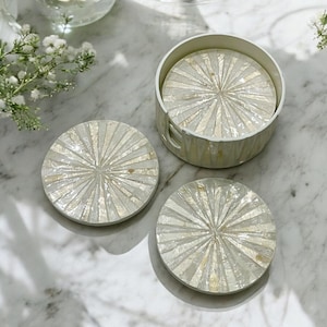 Sunshine Capiz Shell Inlay Round Coasters Set With Holder, 6 Coasters ...