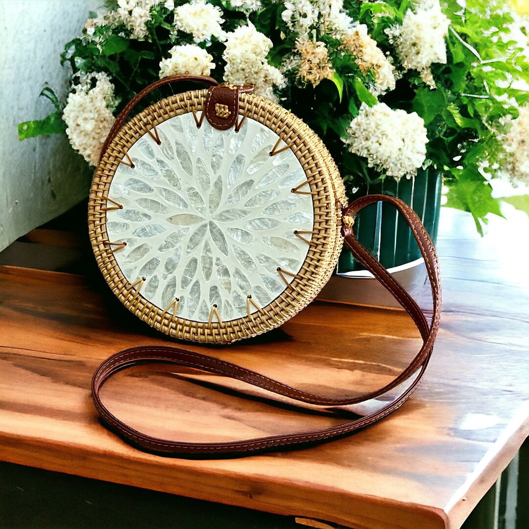 Lovely Round Rattan Crossbody Bag With White Inlaid Mother of Pearl 8 ...