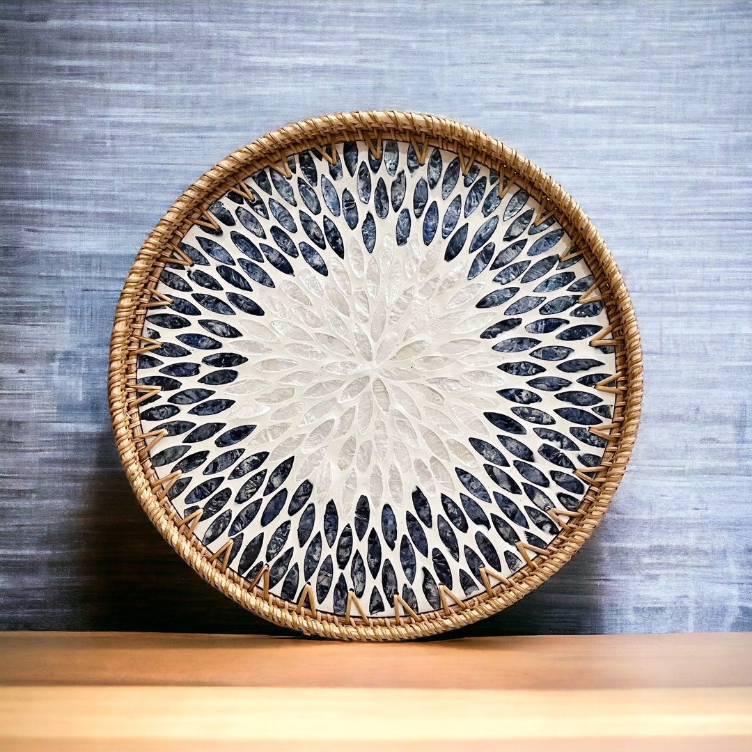 Round Breakfast Tray, Handmade Rattan Black & White Capiz Shell Serving ...