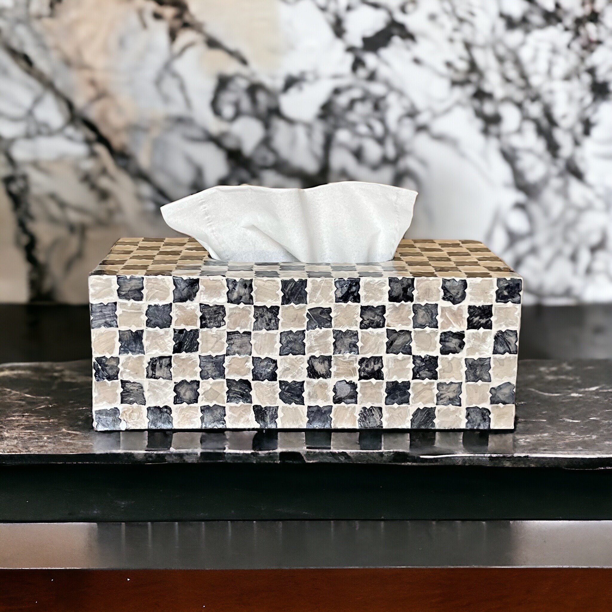 Black and White Mosaic Mother Pearl Rectangle Tissue Box Holder, Caro ...