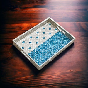 Blue White Mermaid Capiz Shell Mother of Pearl Serving Tray, Decorative ...