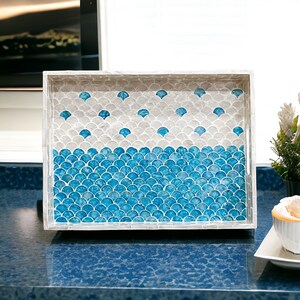 Blue White Mermaid Capiz Shell Mother of Pearl Serving Tray, Decorative ...
