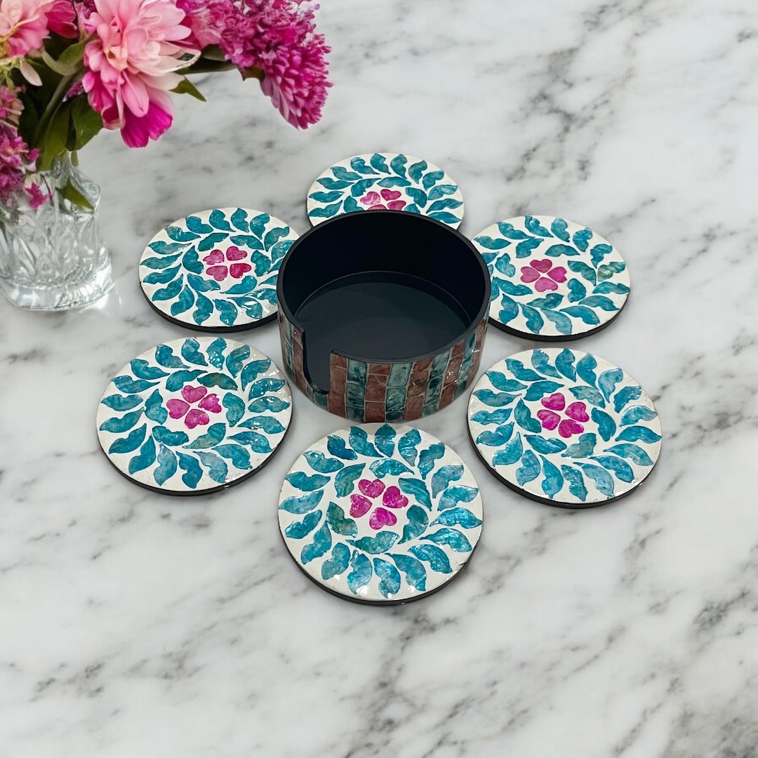 Blue Leaves Pink Hearts Capiz Shell Inlay Round Coasters Set With ...