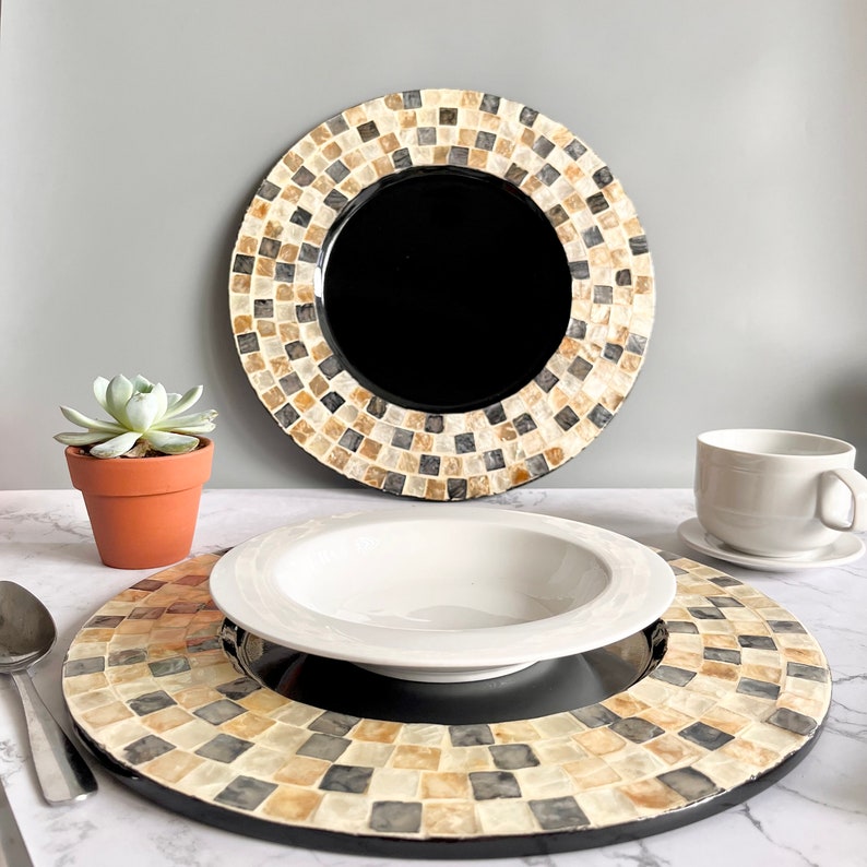 Set 2 Pack Mother Pearl Inlay Nacre Wood Charger Plates for Dining ...