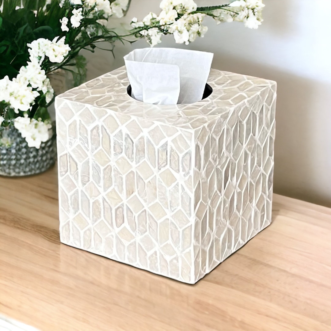 Modern White Square Tissue Box Holder, Mother of Pearl Inlay Cubic ...