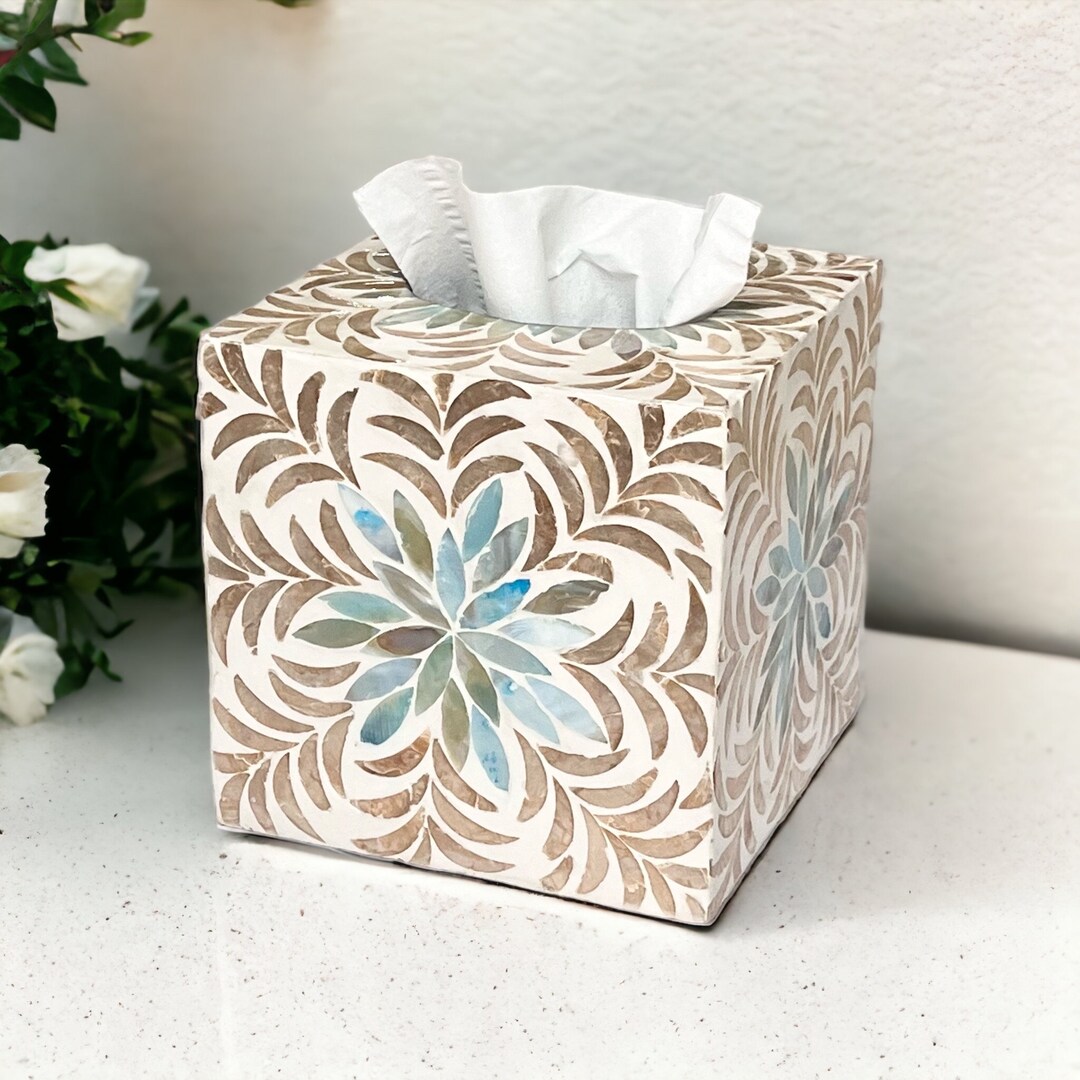 Aqua Floral Mother of Pearl Tissue Box Cover: Gold Leaf Inlay - Etsy