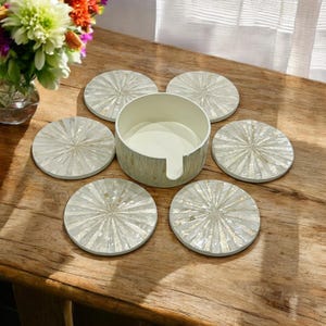 Sunshine Capiz Shell Inlay Round Coasters Set With Holder, 6 Coasters ...