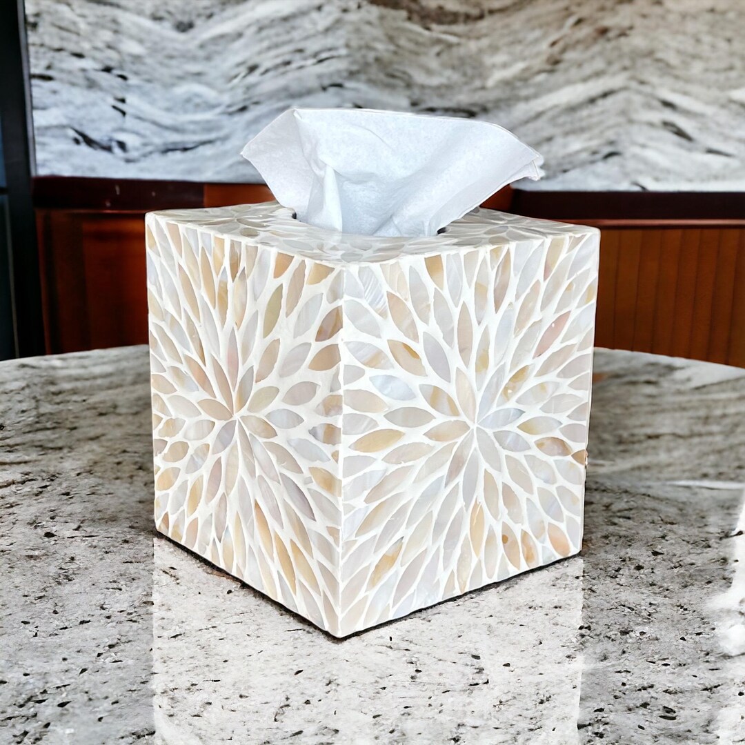 Mother of Pearl Inlay Tissue Box Cover - Ivory Cream Floral Nacre ...