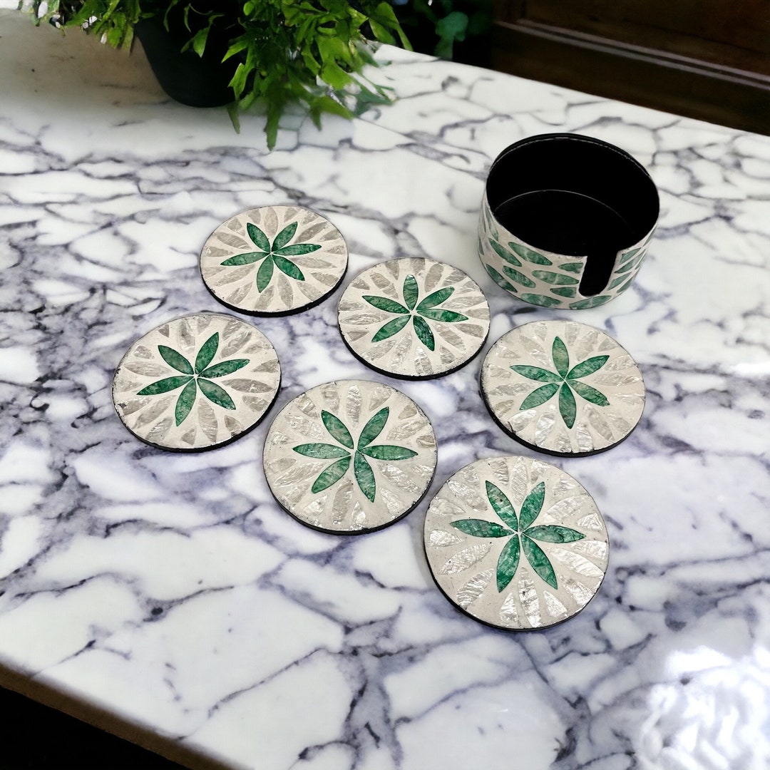 Mother of Pearl Inlay Round Coasters Green Flower Pattern, Set 6 ...