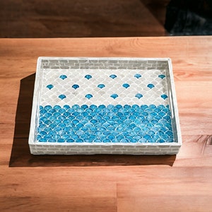 Blue White Mermaid Capiz Shell Mother of Pearl Serving Tray, Decorative ...