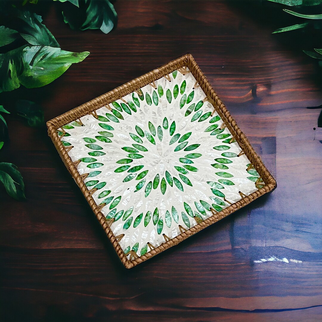 Handmade Rattan Serving Tray With Capiz Shell Inlay Green Firework ...