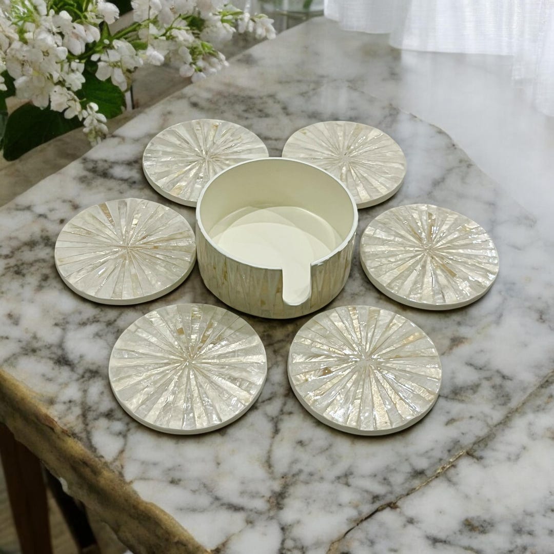 Sunshine Capiz Shell Inlay Round Coasters Set With Holder, 6 Coasters ...