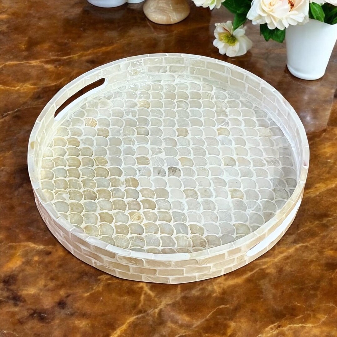 Round Capiz Shell Serving Tray, Gold & White Mermaid Pattern, Breakfast ...