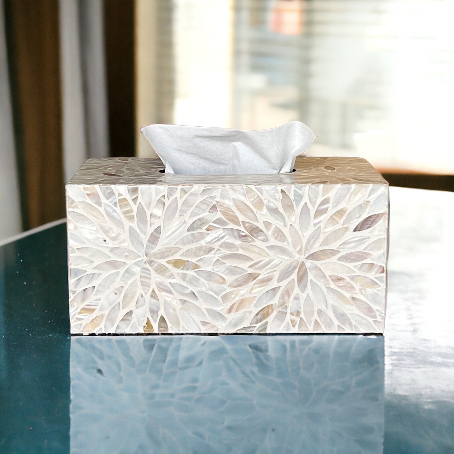 Mother of Pearl Inlay Tissue Box Cover - Ivory Cream Floral Nacre ...