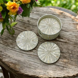Sunshine Capiz Shell Inlay Round Coasters Set With Holder, 6 Coasters ...